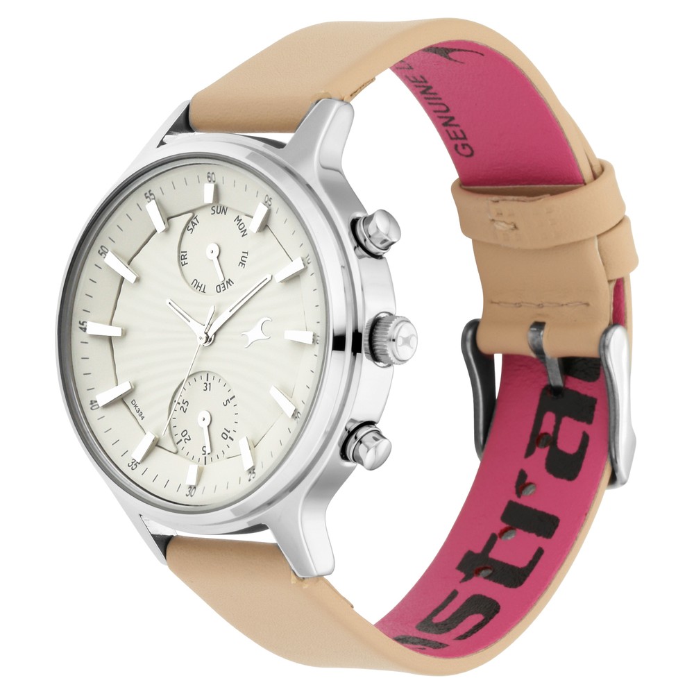 Buy Online Fastrack Ruffles Quartz Multifunction Beige Dial Leather ...