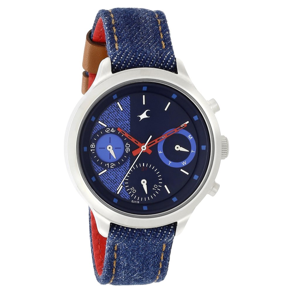 Buy Online Fastrack Denim Quartz Multifunction Blue Dial Denim Strap ...