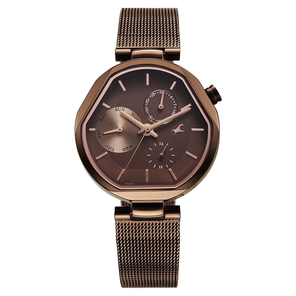 Buy Online Fastrack Tick Tock Quartz Multifunction Brown Dial Stainless ...