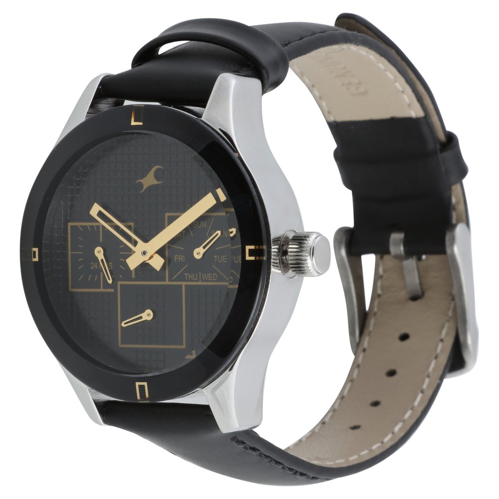 Buy Online Fastrack Monochrome Quartz Multifunction Black Dial Leather ...