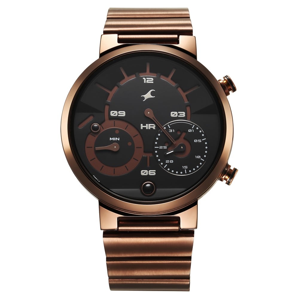 Buy Online Fastrack Gambit Micromotor Black Dial Brown Metal Strap ...