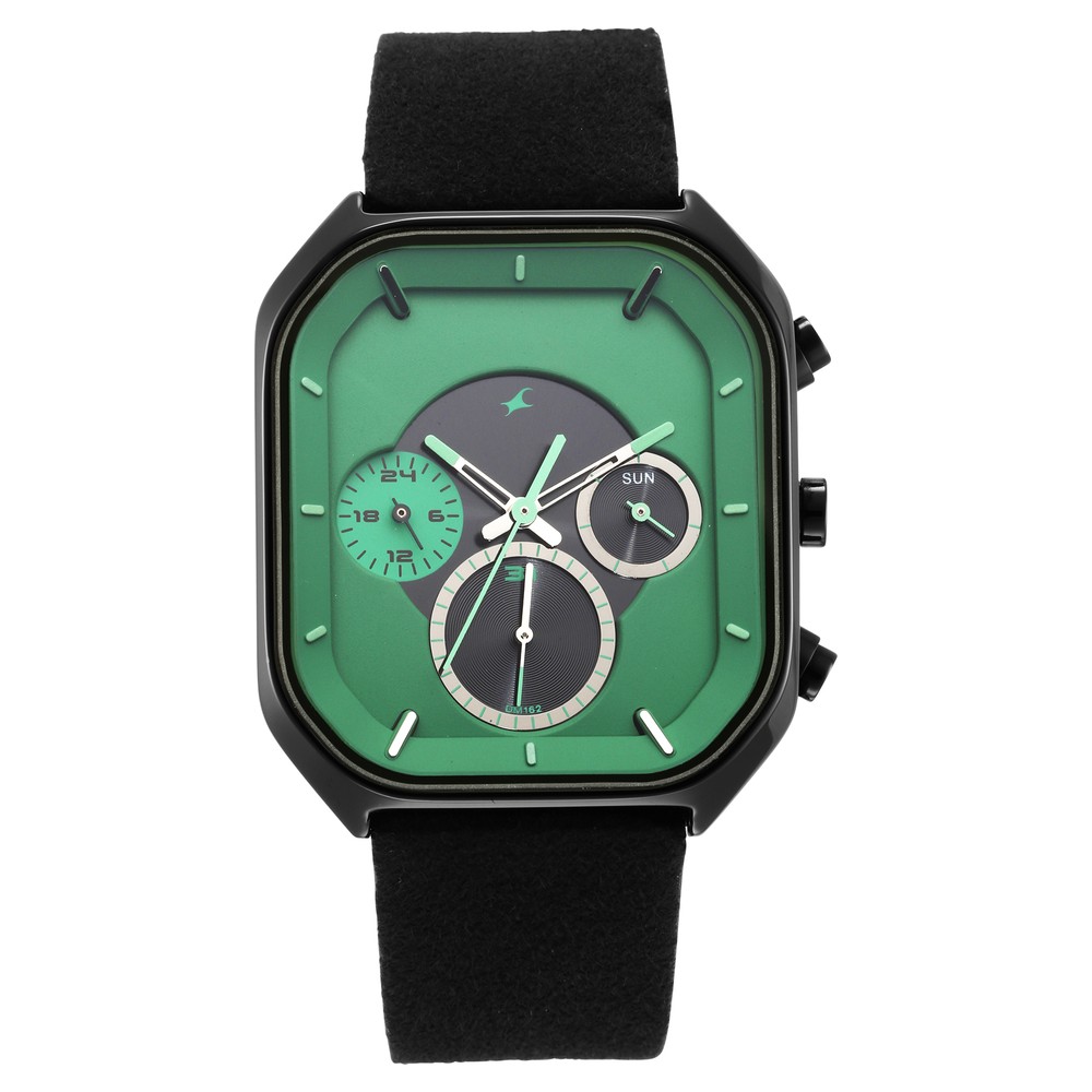 Fastrack After Dark Quartz Analog with Day and Date Green Dial Leather ...