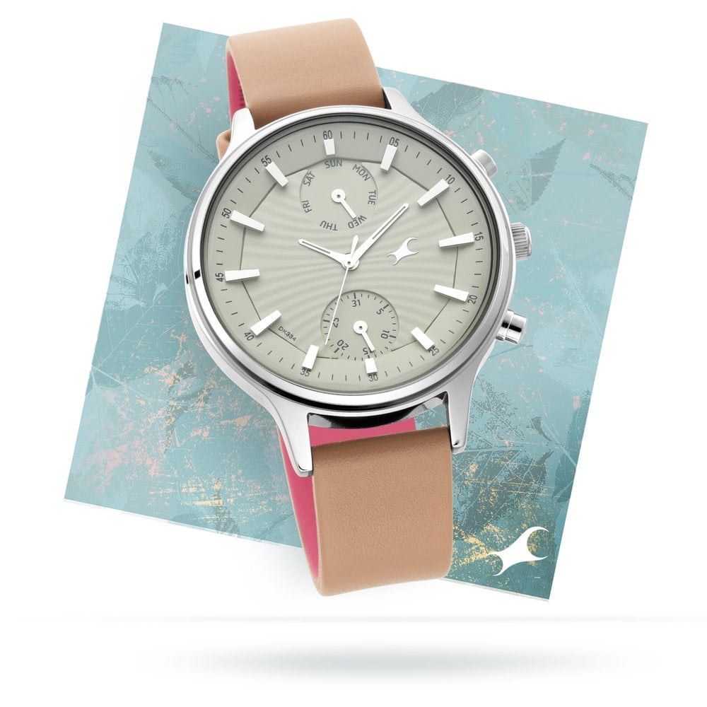 Buy Online Fastrack Ruffles Quartz Multifunction Beige Dial Leather ...