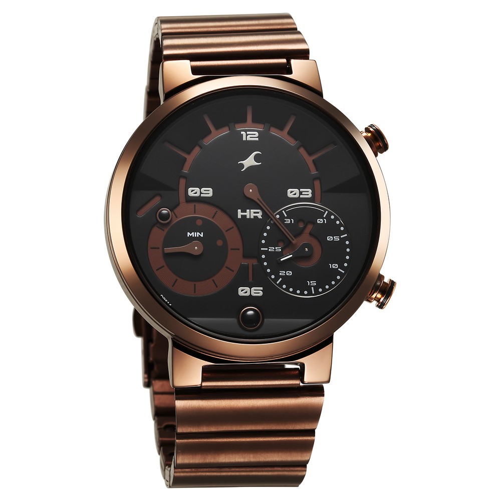 Buy Online Fastrack Gambit Micromotor Black Dial Brown Metal Strap ...