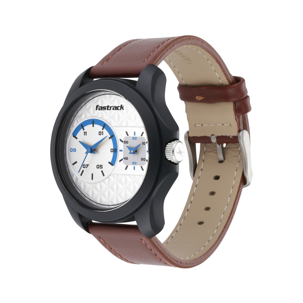 Buy Online Fastrack Dual Time Quartz Analog White Dial Leather Strap ...