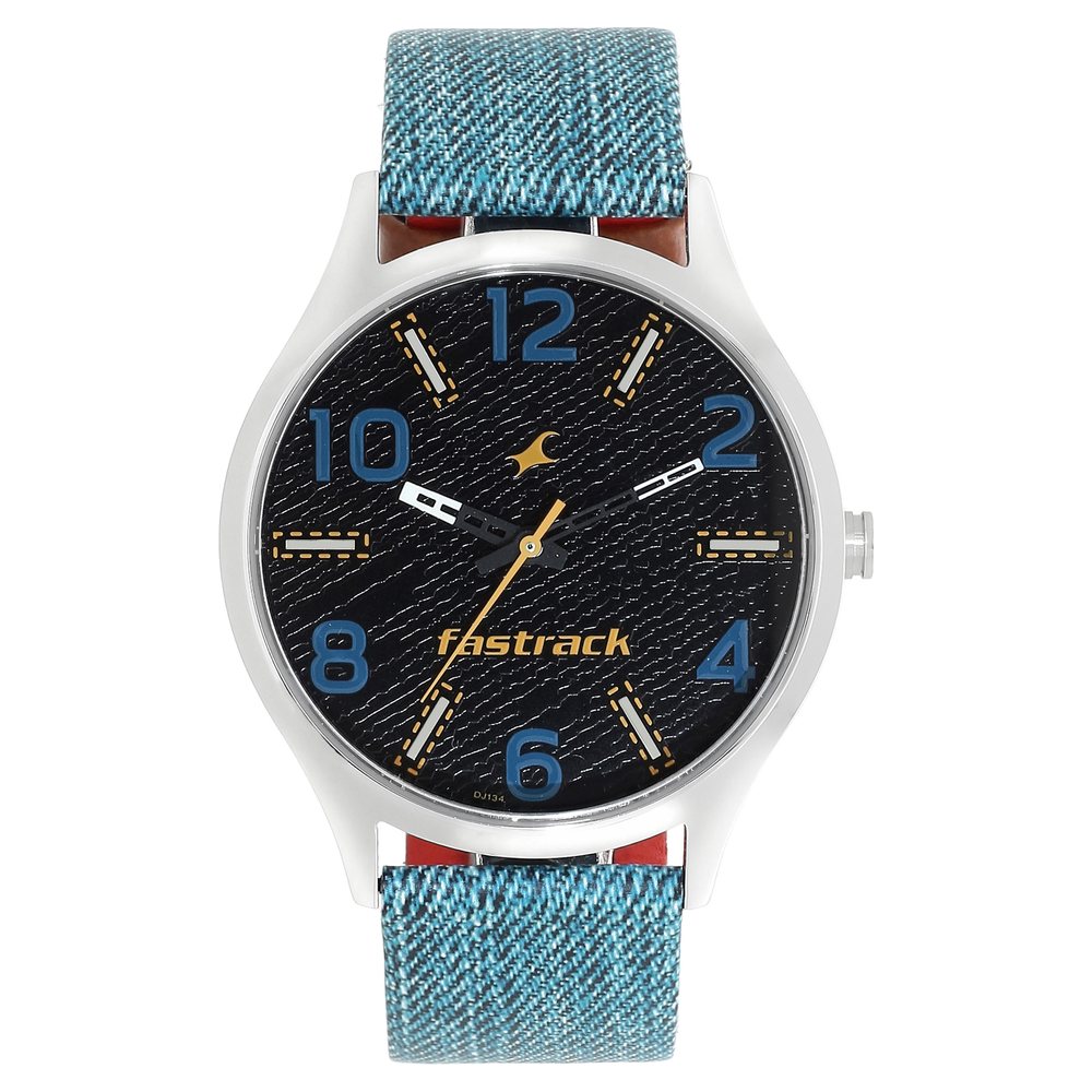 Buy Online Fastrack Denim Quartz Analog Black Dial Leather Strap Watch ...